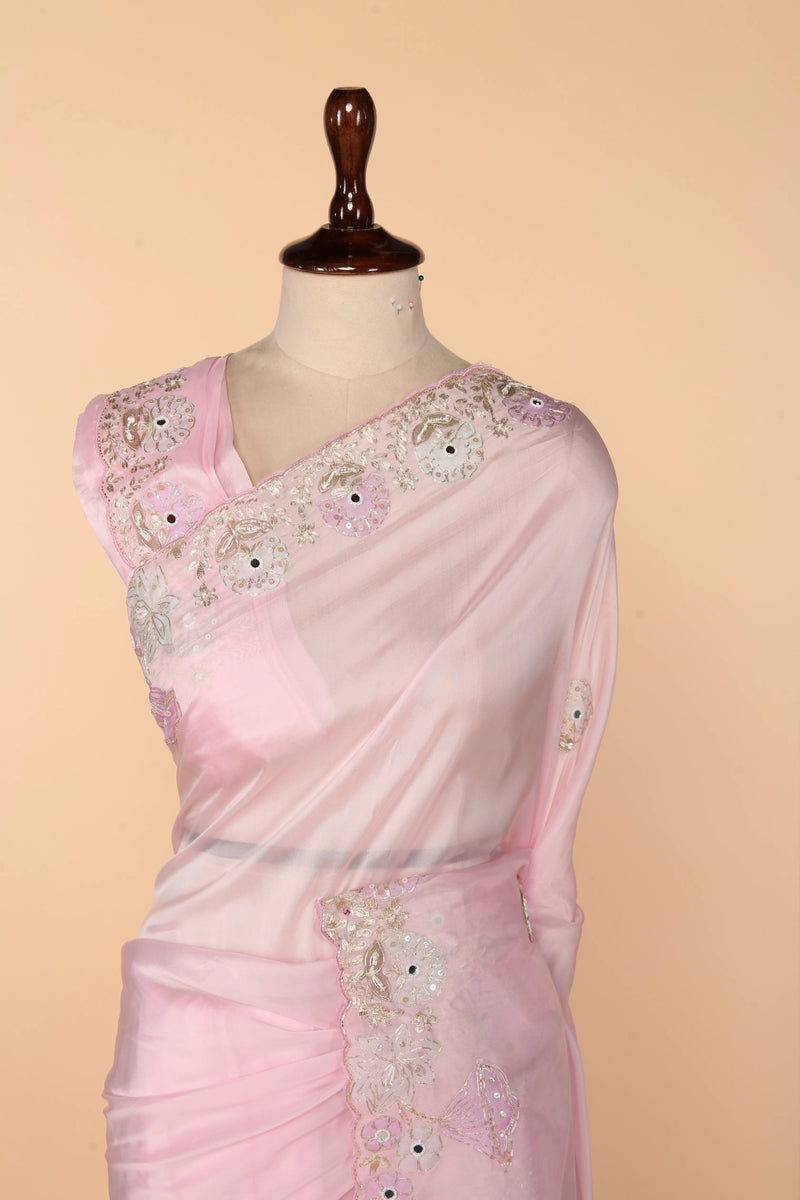 Baby Pink Abutai Silk Saree with Pita & Appliqué Work – Emiraas