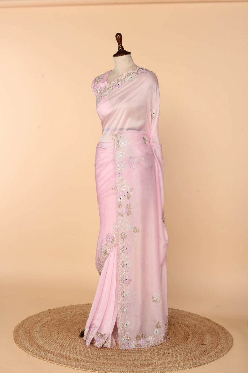 Baby Pink Abutai Silk Saree with Pita & Appliqué Work – Emiraas